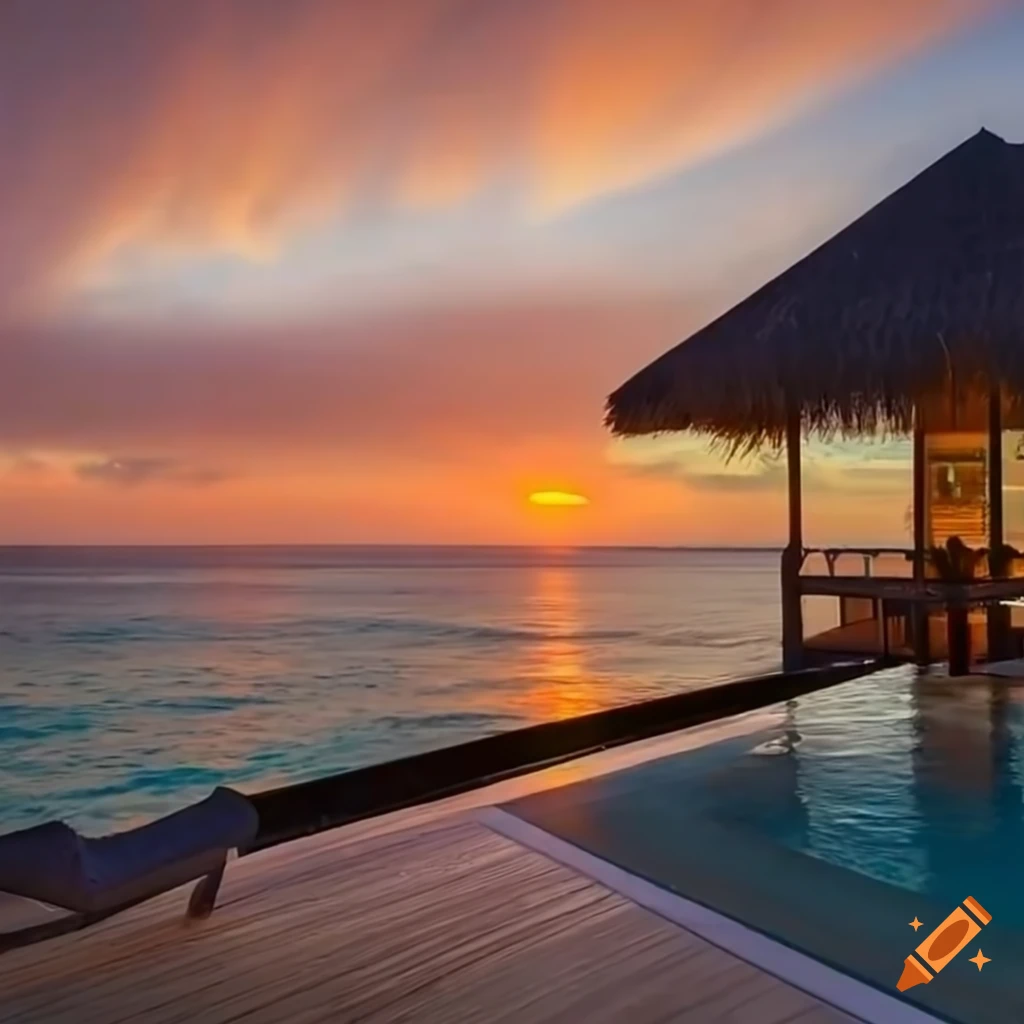 Maldives beach at sunset in a luxury hotel rooftop on Craiyon