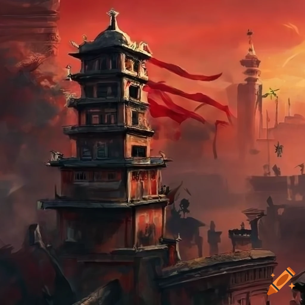 Hanoi feudal watch tower red flag fantasy art high detail