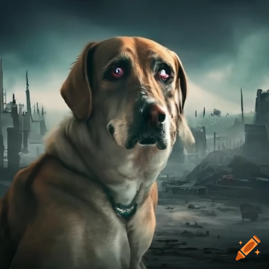 A dream of a dog standing in a huge apocalyptic background