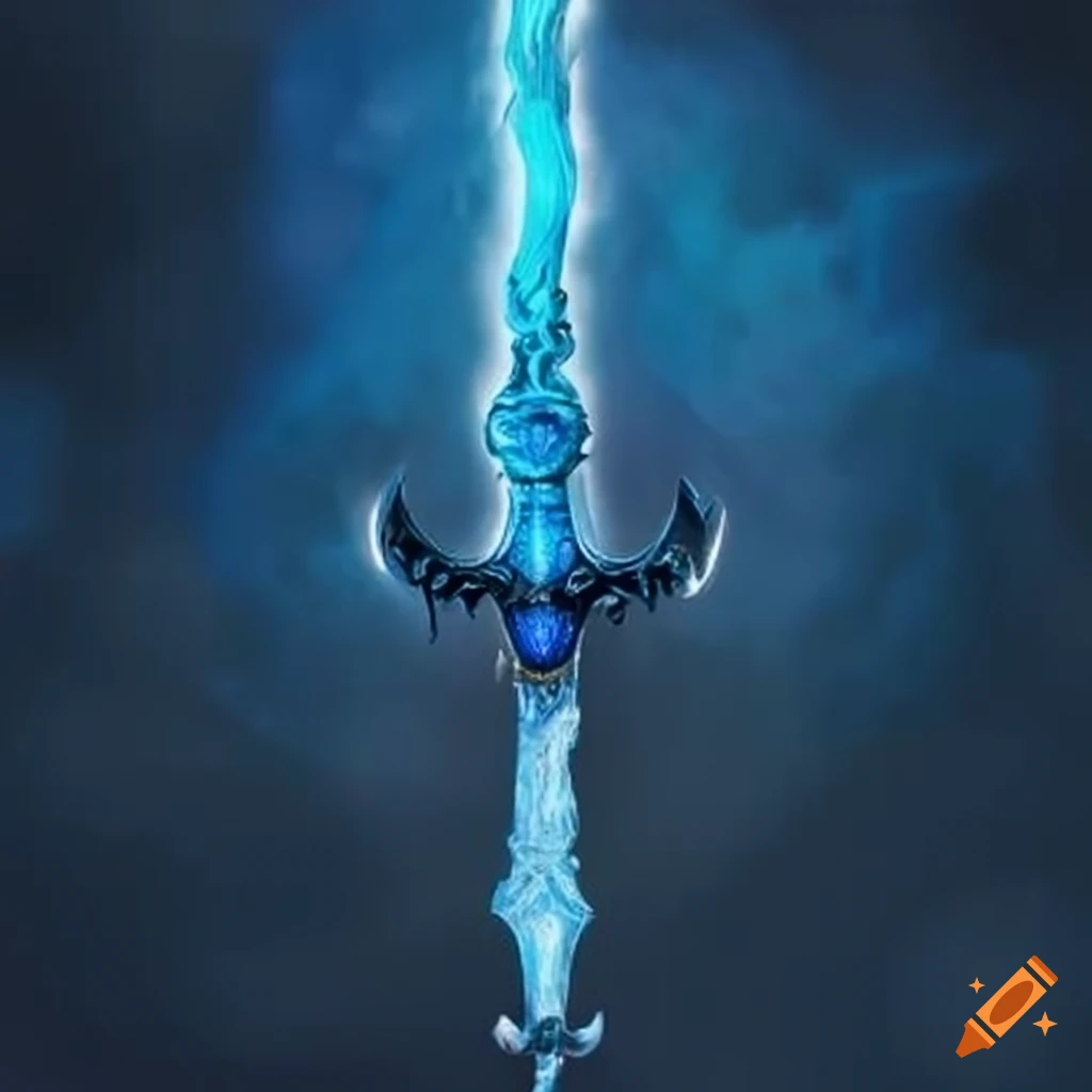 An enchanted sword with blue energy in a fearsome setting on Craiyon