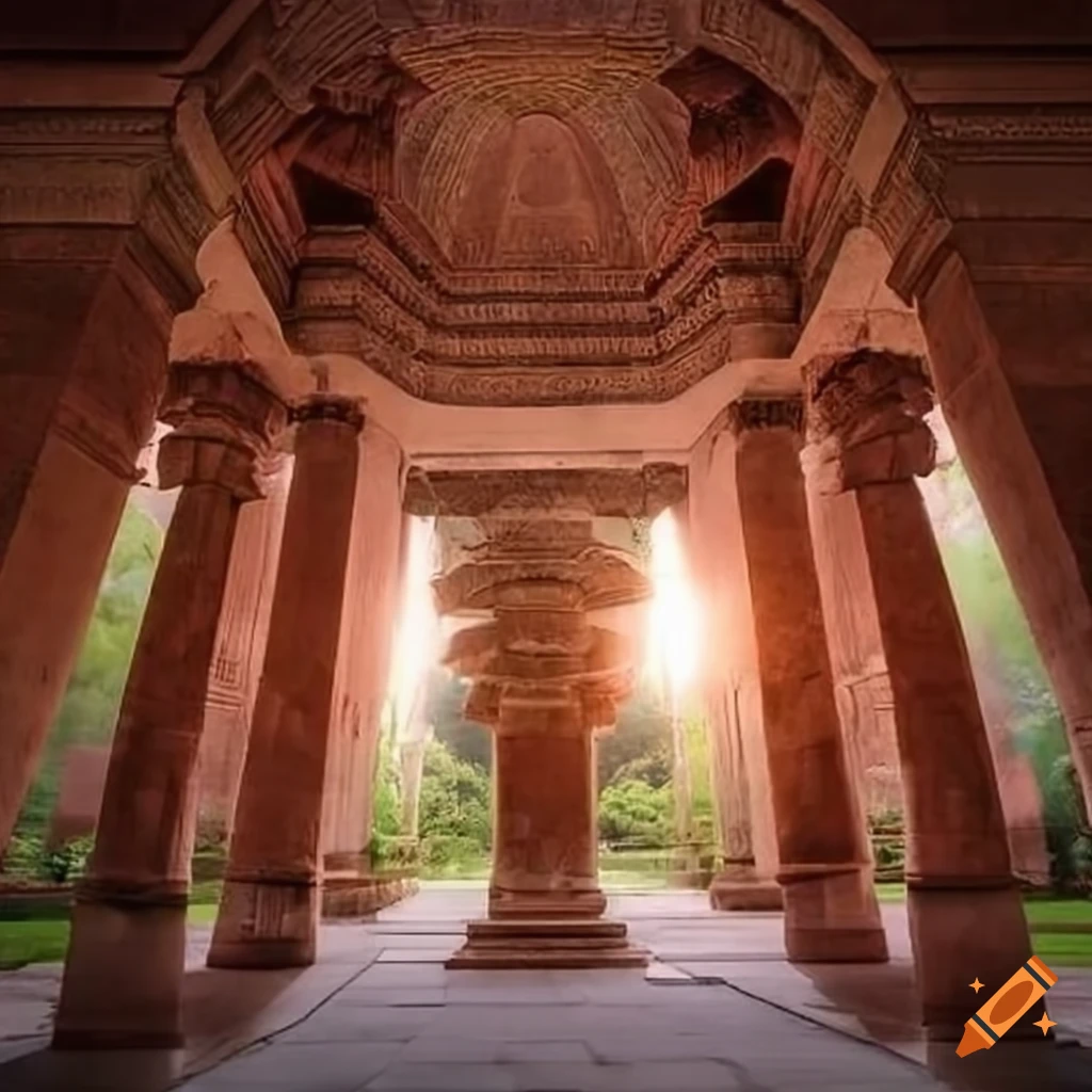 Fantasy asyrian temple adorned with gardens and stunning red granite ...