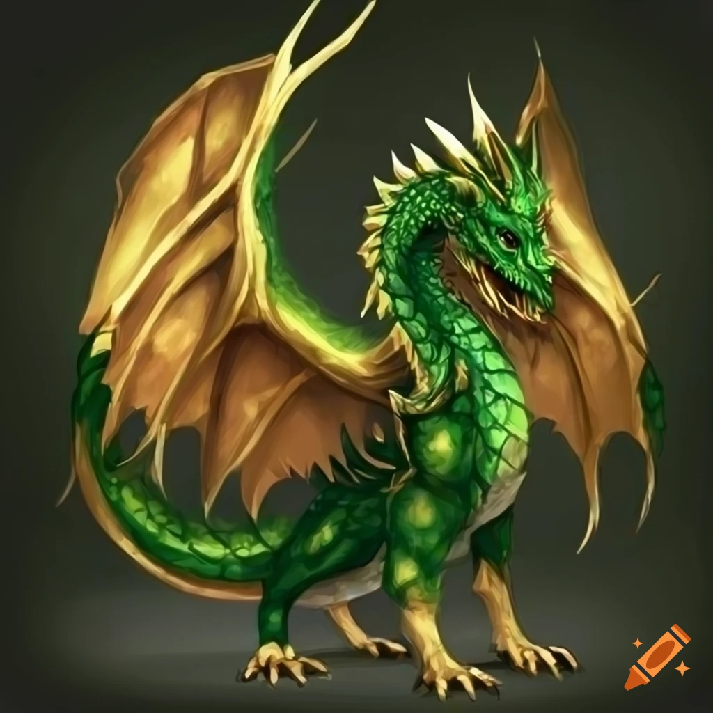 Detailed forest green and gold dragon concept art, side view on Craiyon
