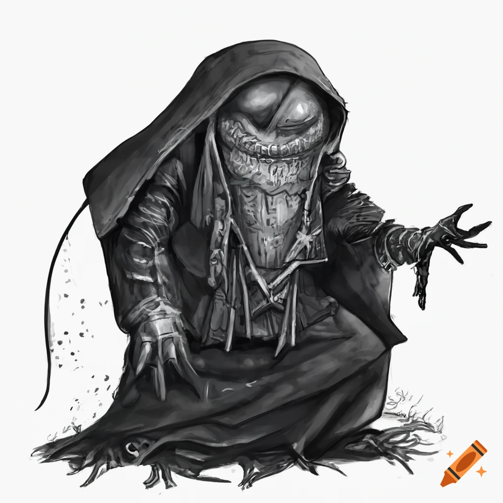 Black and white d&d monster illustration. white background. a small ...