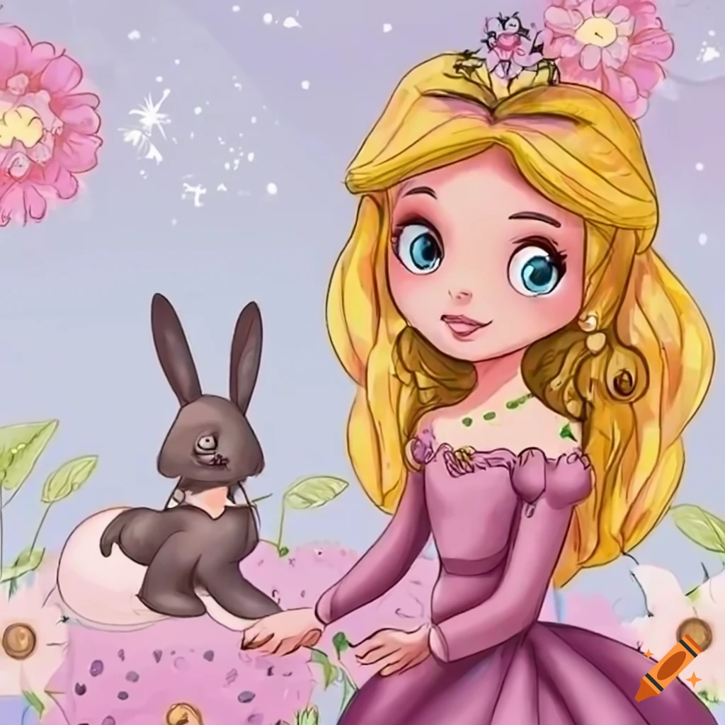 Drawing a princess in a flower garden and a rabbit on Craiyon