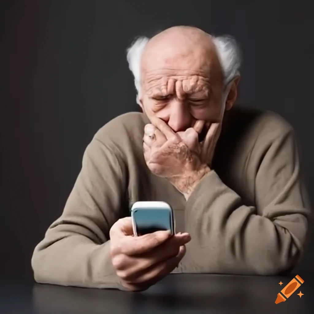 Sad older-man holds a cellphone color hyper-realistic