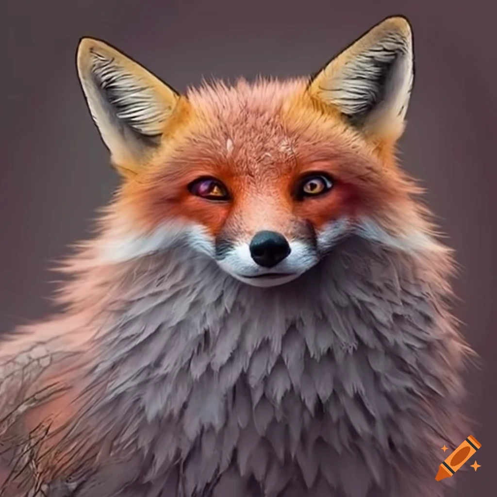 A magical and fantastic creature that is a fox covered with feathers