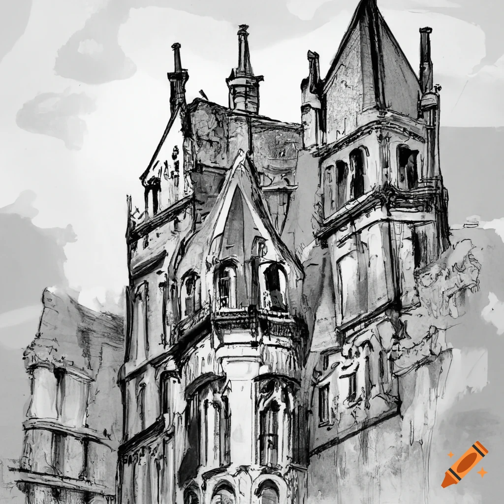 Detailed sketch an imposing and eerie victorian-era hospital, standing ...