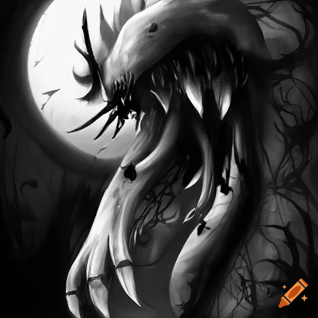 Nightmare monster, pencil, black & white on Craiyon