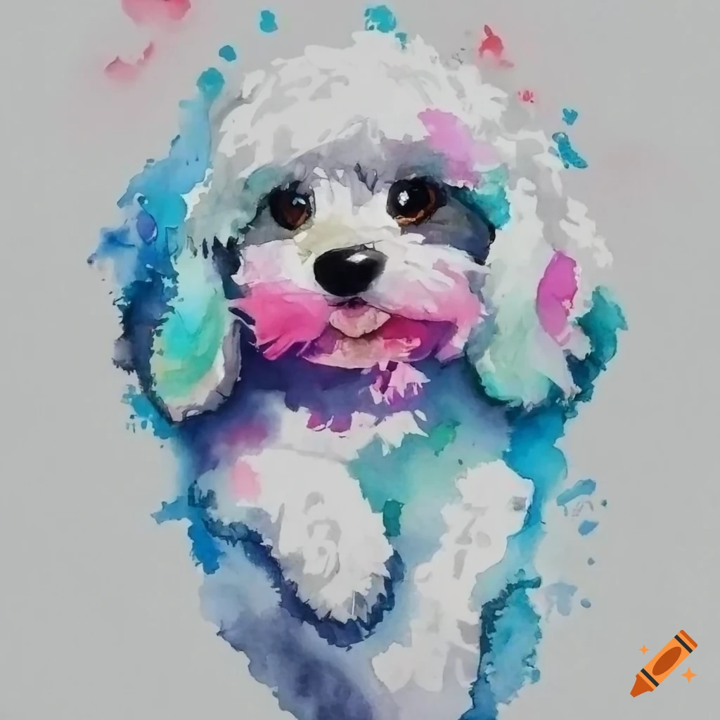 White happy cavapoo in watercolour painting style