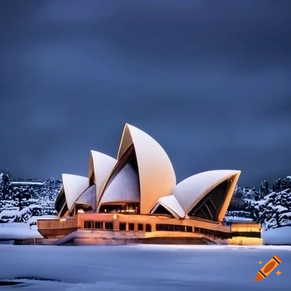 Sydney opera house covered in a snowy winter wonderland
