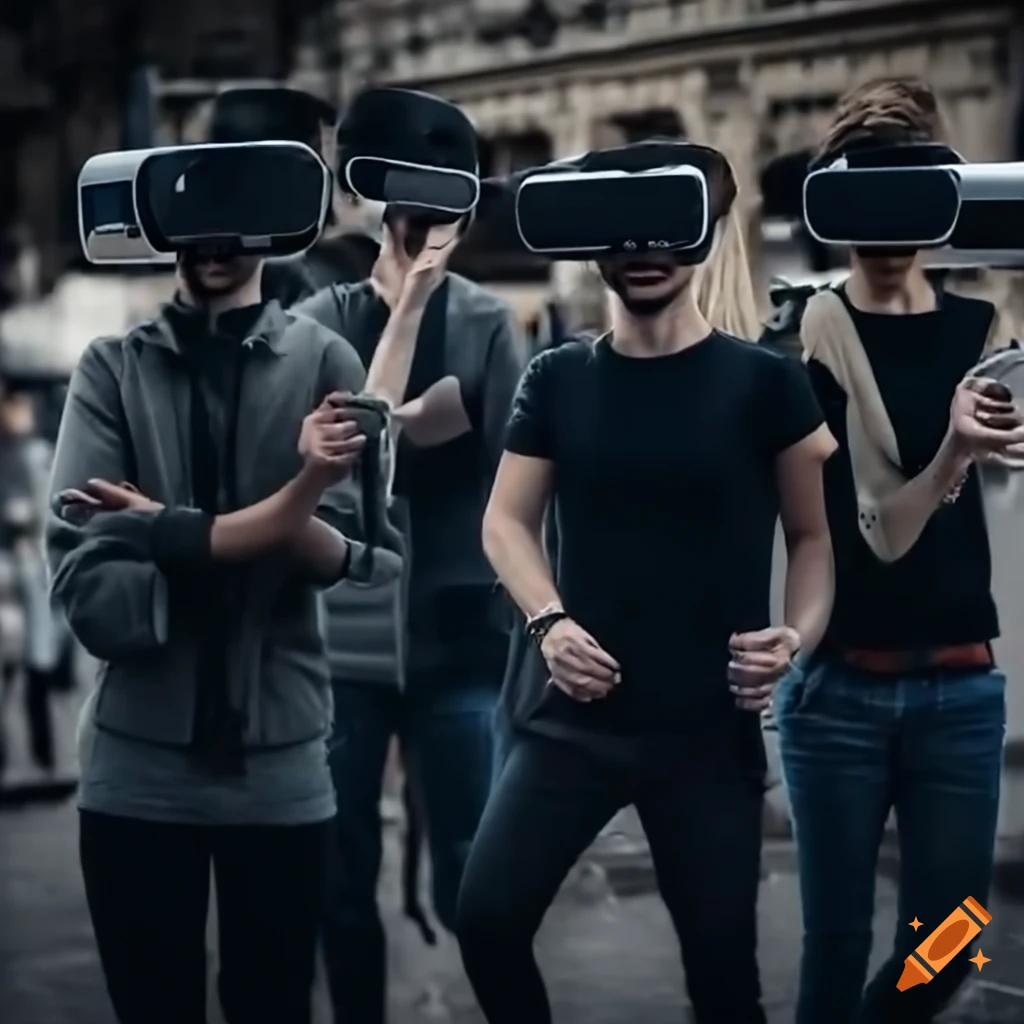A group of people wearing virtual reality equipment tchating in the ...
