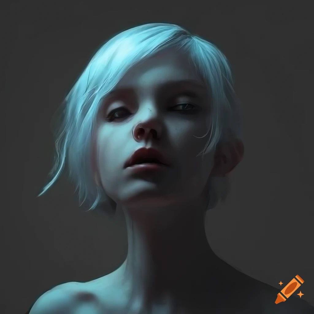 A 4k hd image of a short white haired girl in ray-tracing horror visual ...