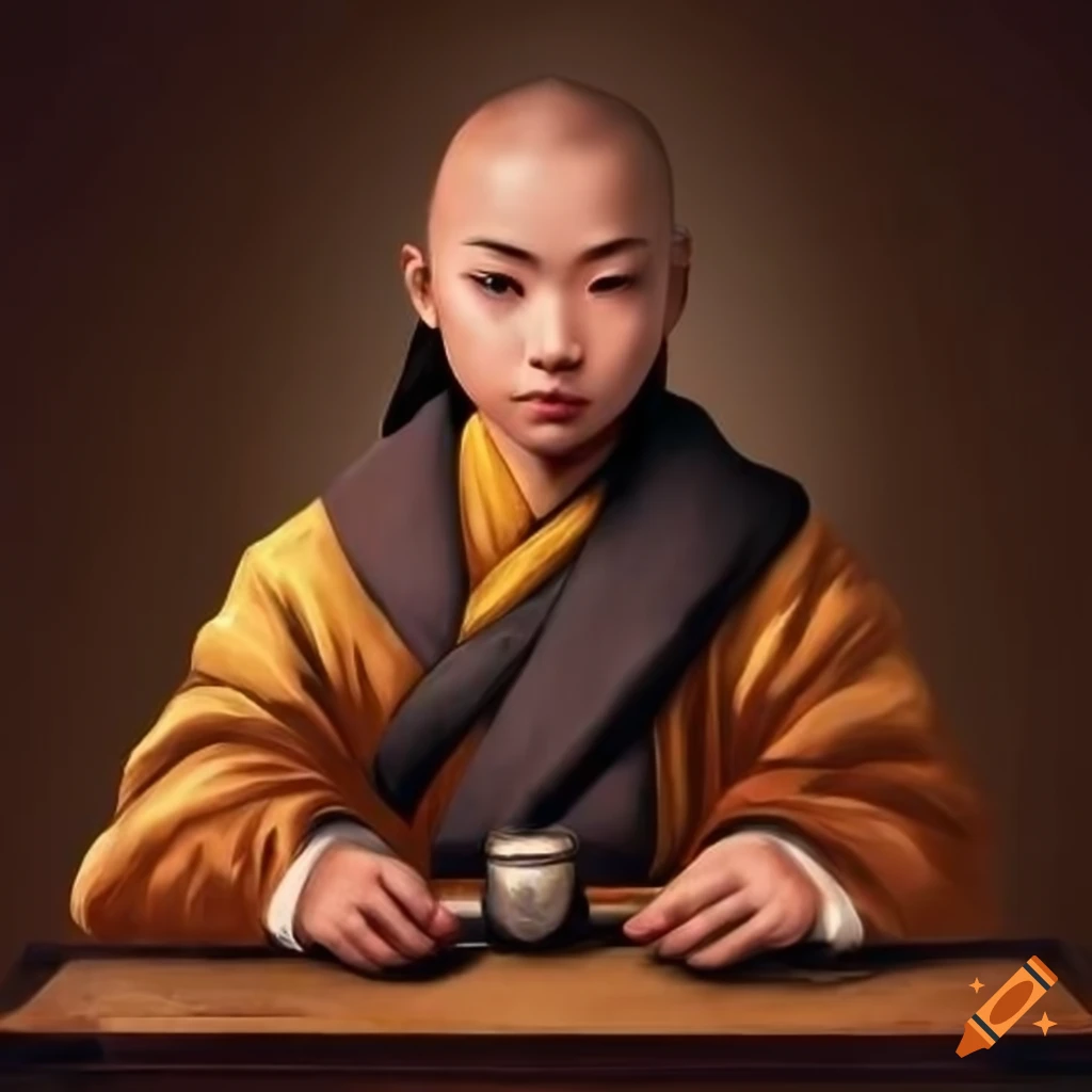 A female Shaolin monk sitting in Pub wearing a large coat, in a ...