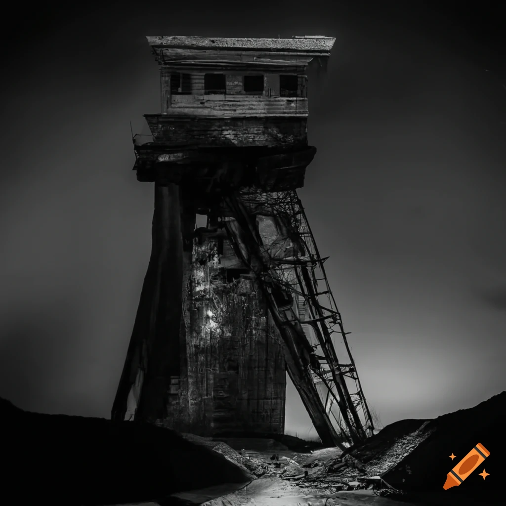 Striking monochromatic photograph of a coal mine at night on Craiyon