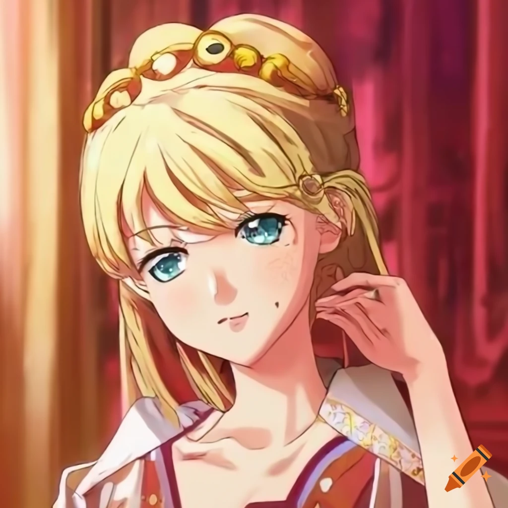Princess in seinen anime with reddish-blonde hair, wide angle shot on ...