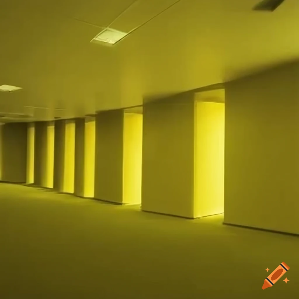 Real life, liminal space, a large, open room with yellow walls, with ...