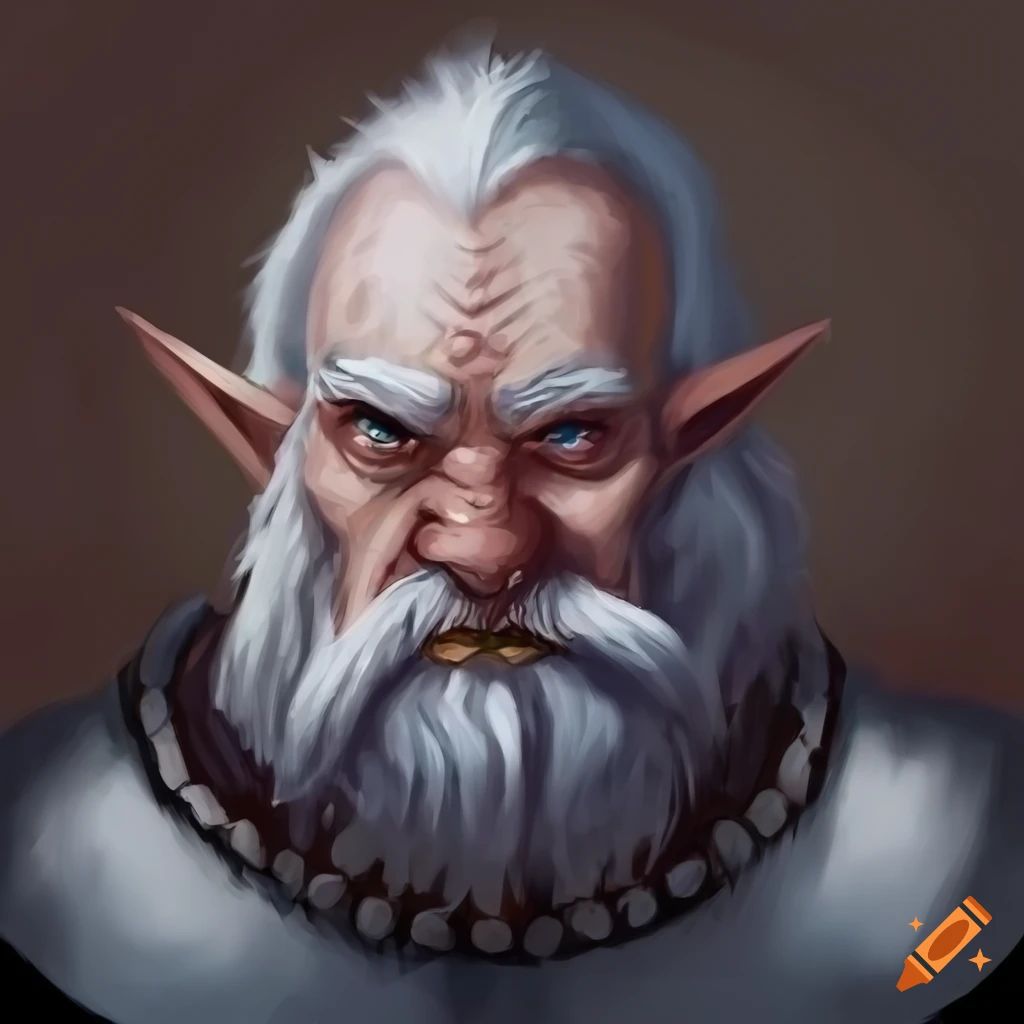 White duergar dwarf with a pale white face and white hair, wearing full ...