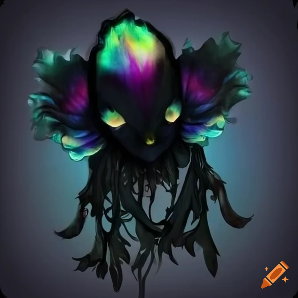 Black iridescent flower petal fantasy creature anthropomorphic on Craiyon