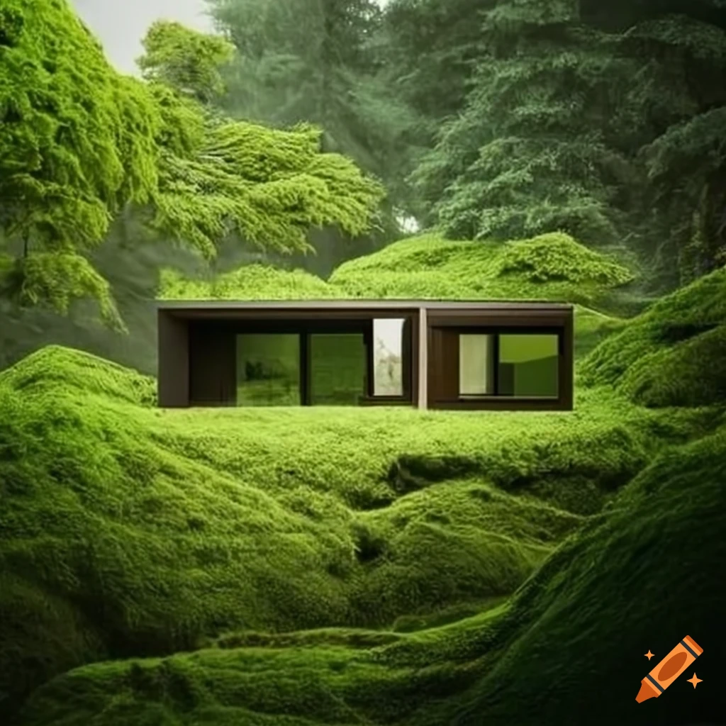 Modern house with vibrant green moss covering the exterior