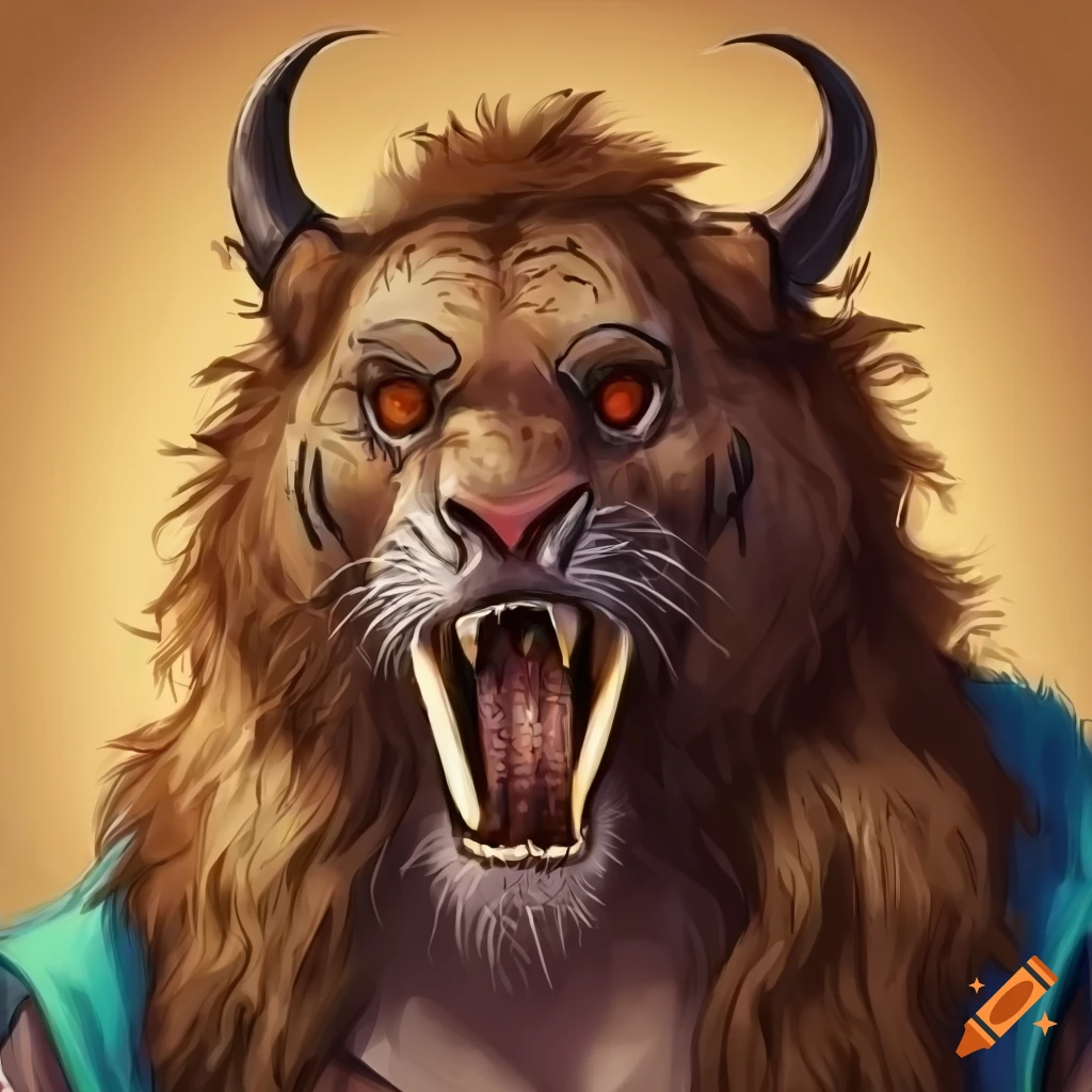 Humanoid beast, light brown fur, curly brown hair, sabertooth tiger ...