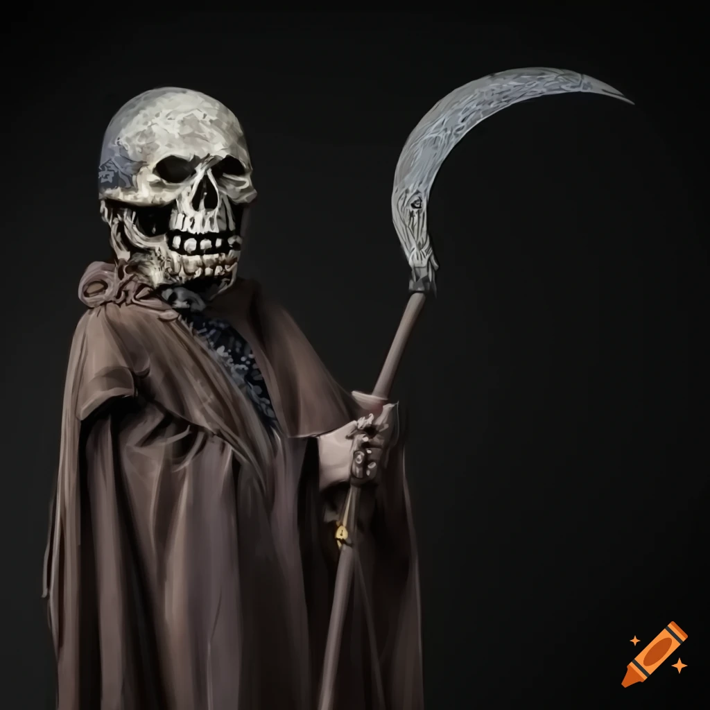 Dark deity with a skull mask, wielding a moon scythe ominously on Craiyon