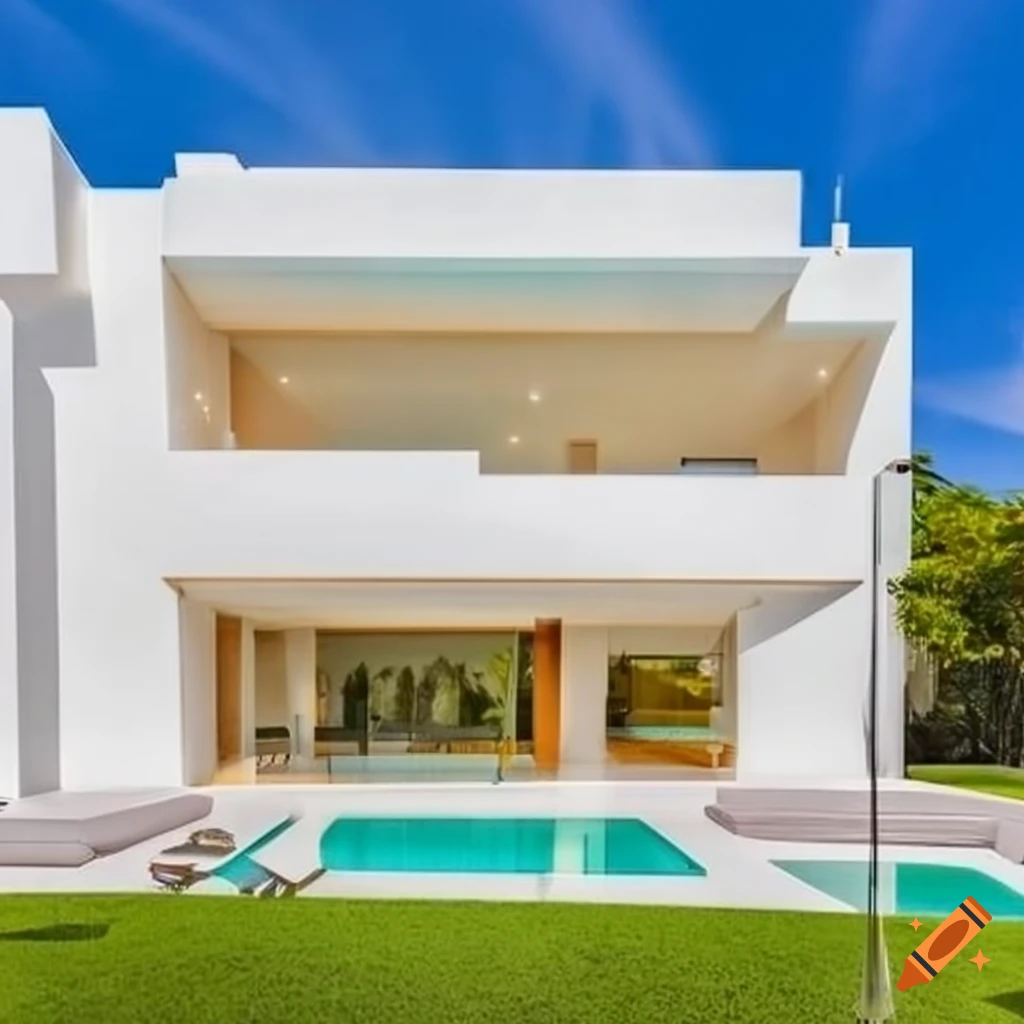 Modern white villa with artistic architectural design and golden details