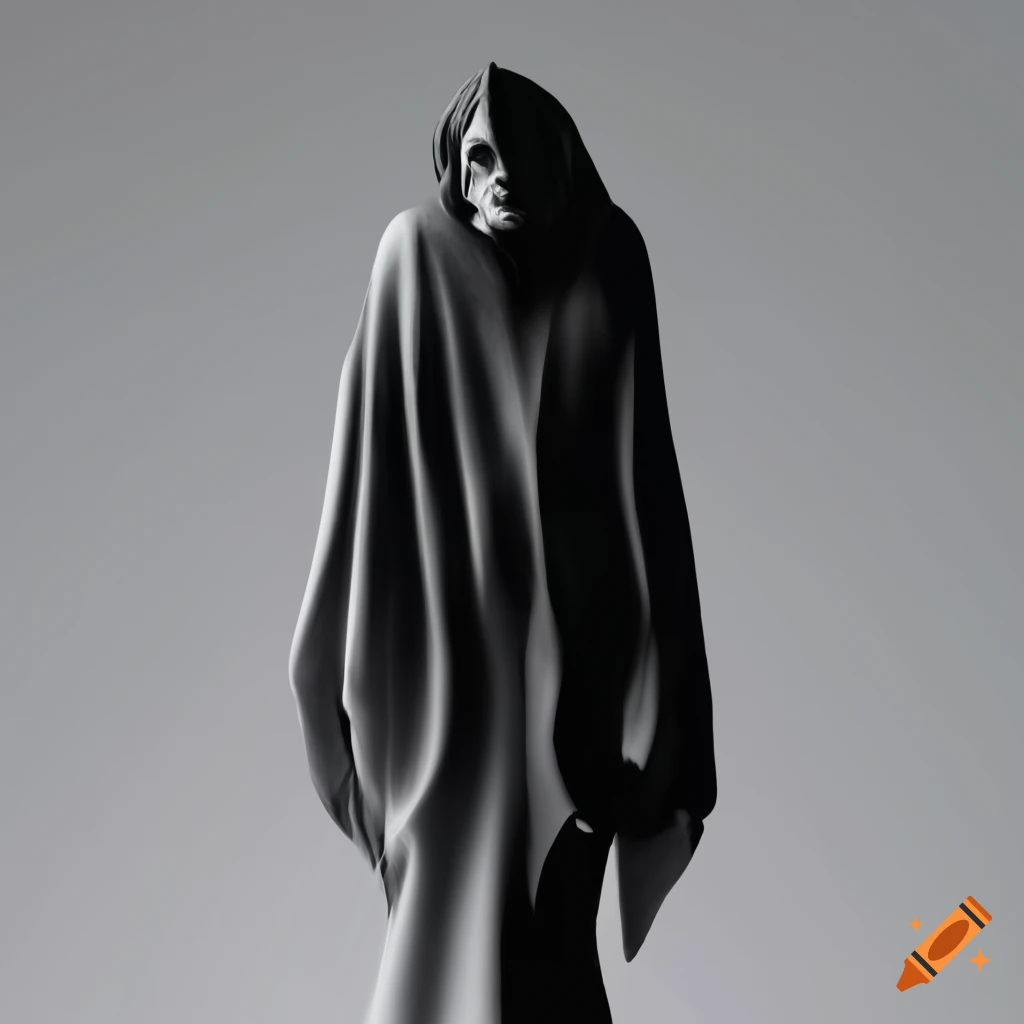 A tall gaunt figure draped in black with a pale, ghostly face, floating ...