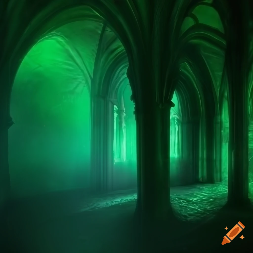 Photograph of a dark interior of a wizard's lair, but empty backlit ...