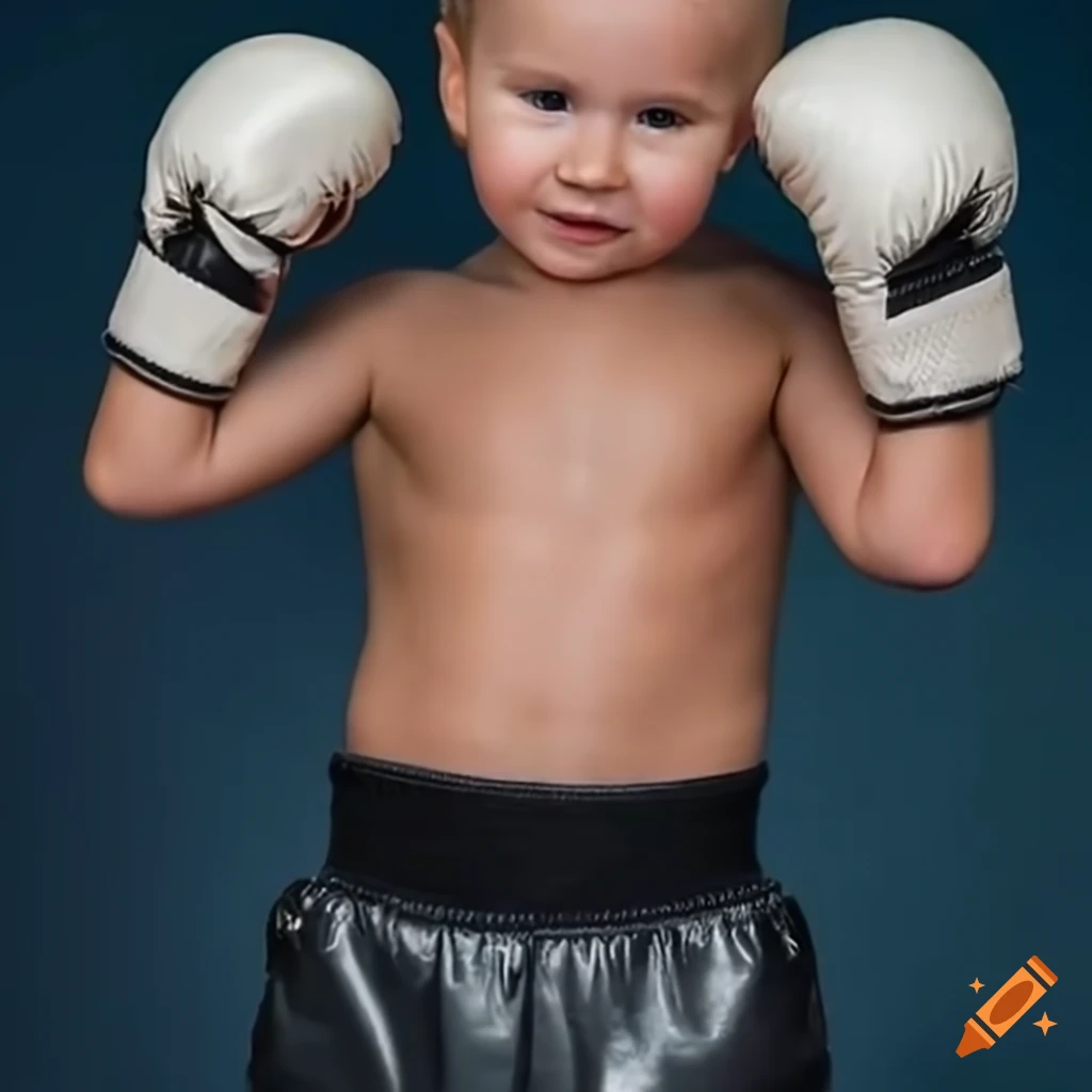 Russian toddler boy wearing boxing gloves and black leather boxing ...