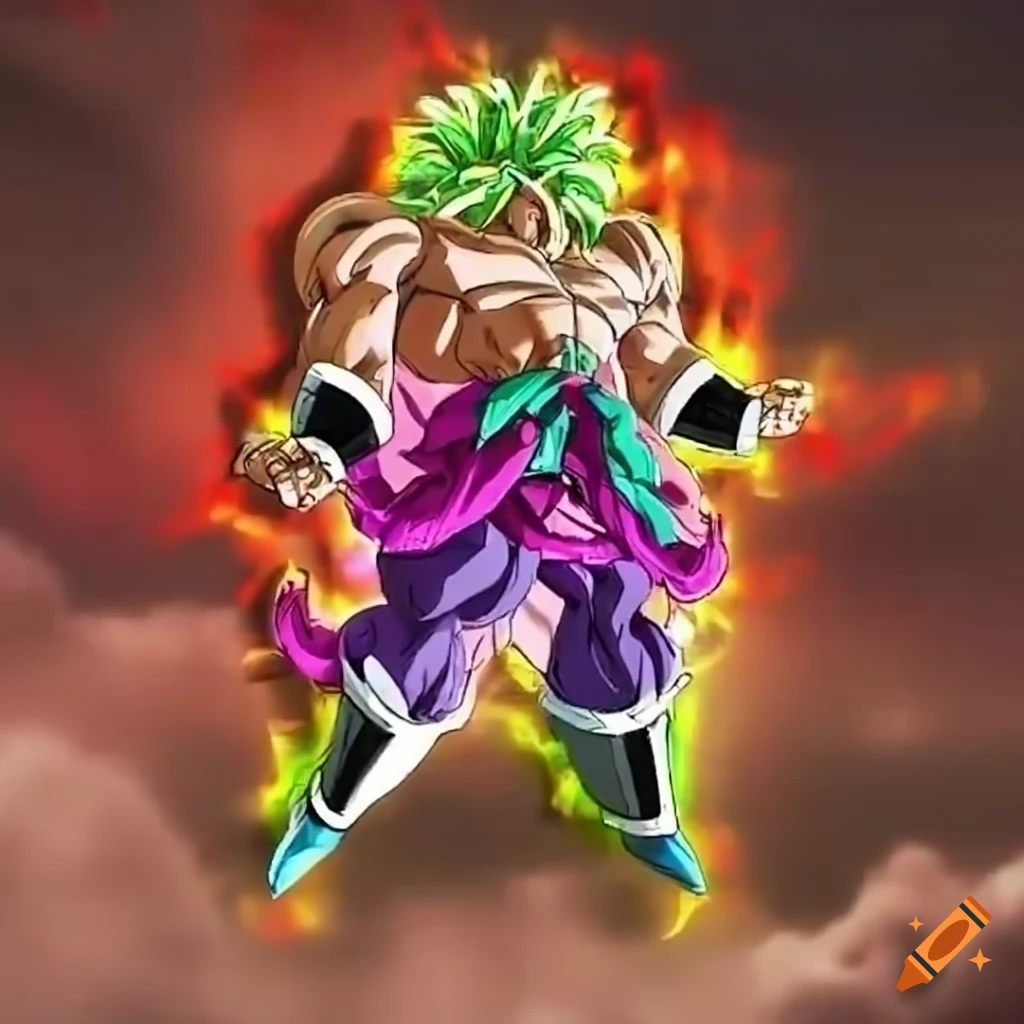 Broly unleashing his fiery red aura in a fierce battle