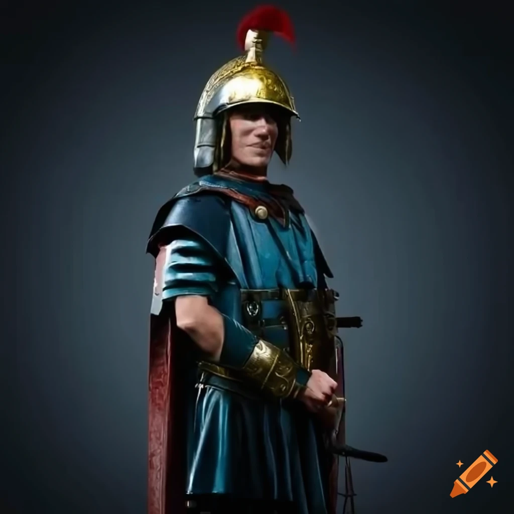Portrait of a regal roman guard standing tall with a powerful gaze on ...