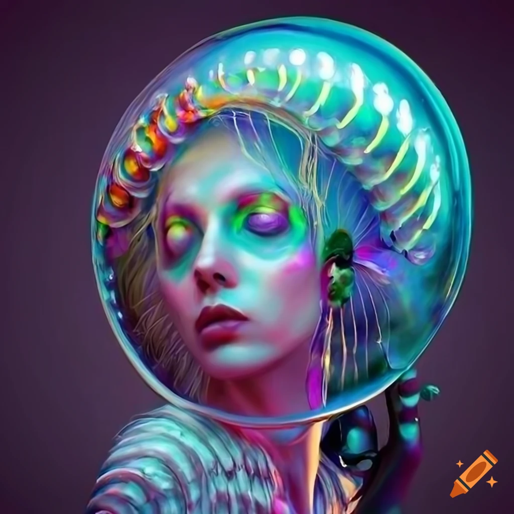 A beautiful cyborg jellyfish woman inside of a Glas bubble surrounded ...