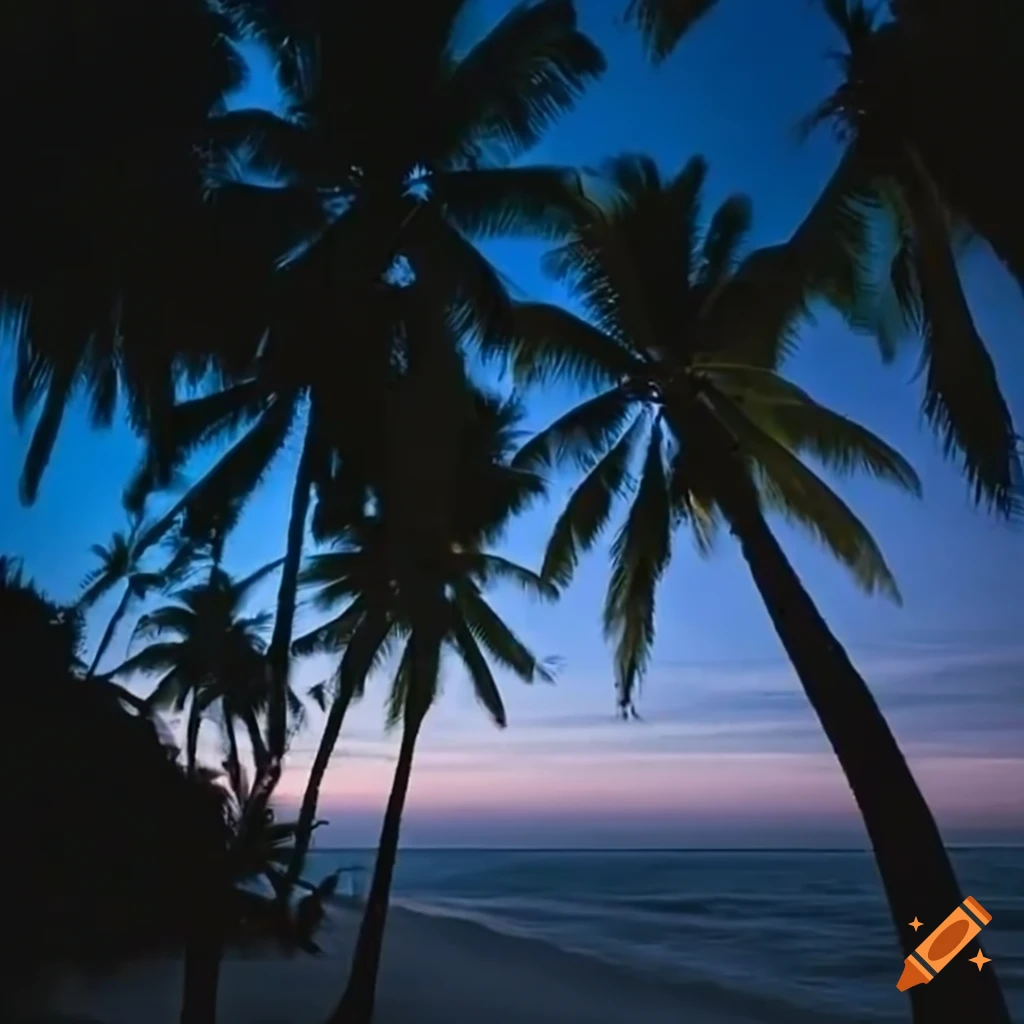 A beach with coconut trees at night with a 2006 filter