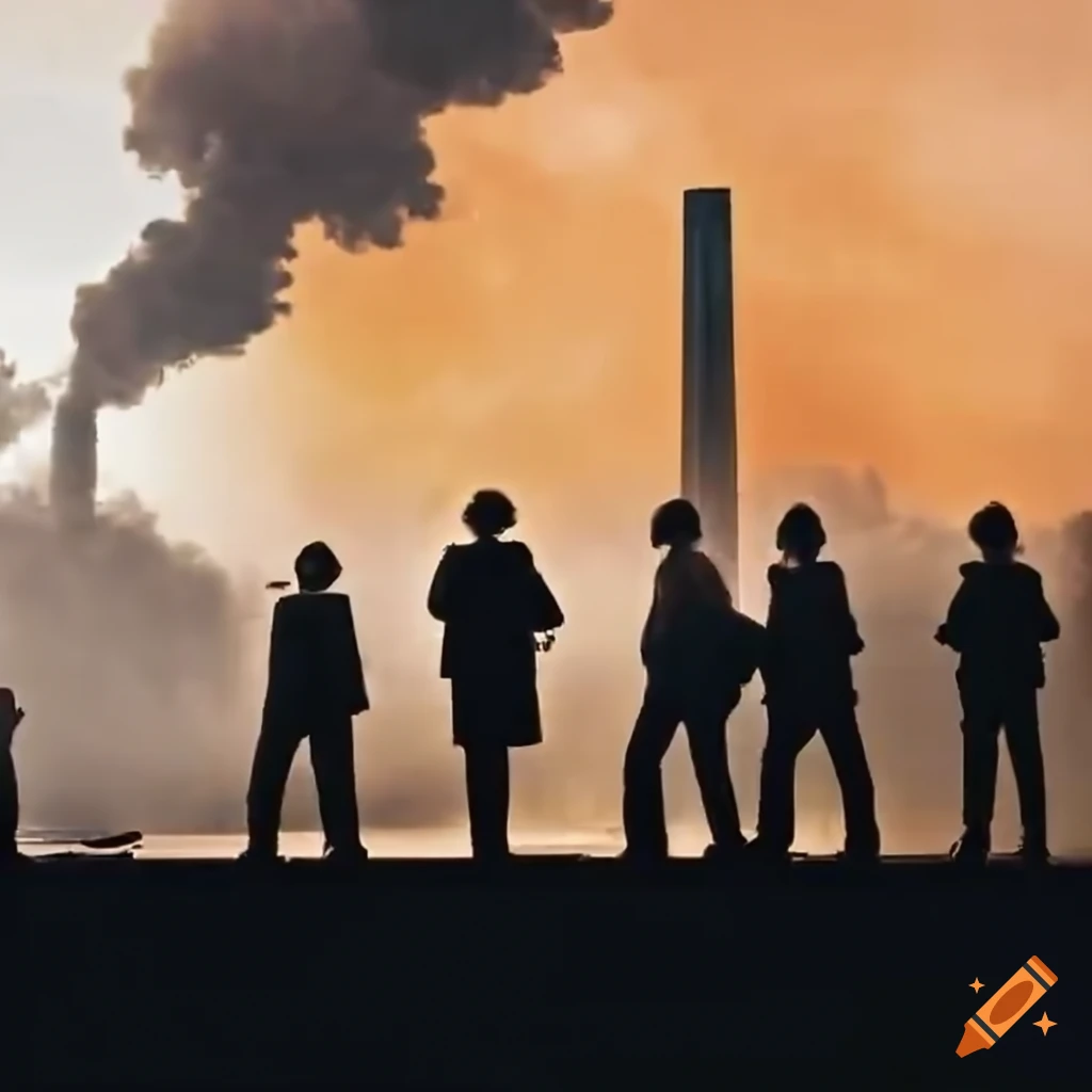 A group of working class people meeting in front of a factory spewing ...