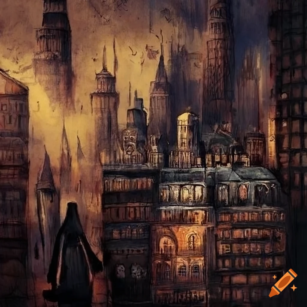 Intricate cityscape, textures and details, inspired by Inki Bilal's ...