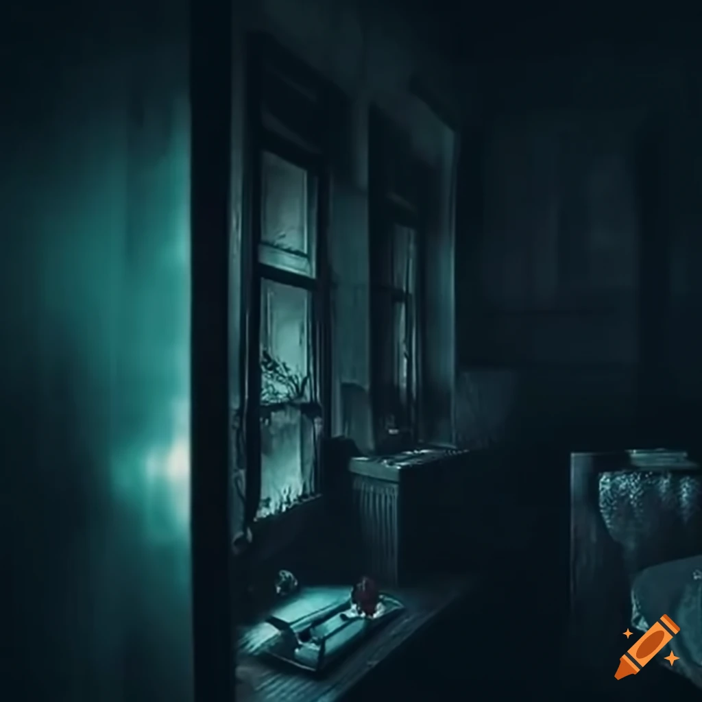 Dark, mysterious detective office engulfed in haunting atmosphere