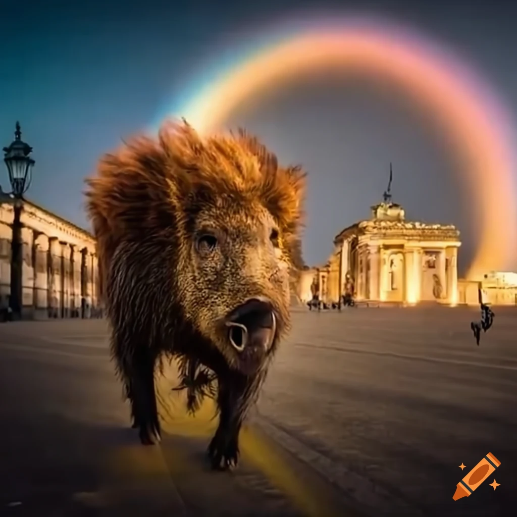 A wild boar with a lion's mane and a rainbow in front of the ...