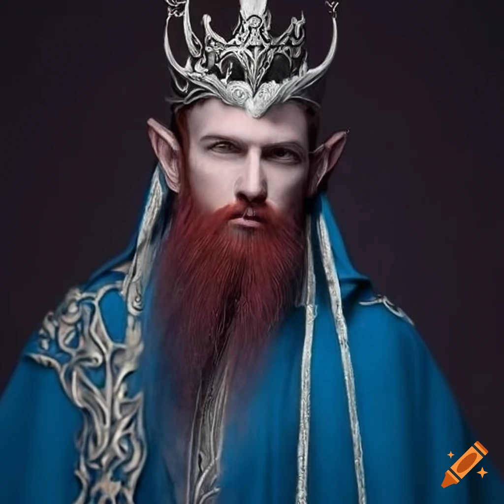 An elven king with ruby hair and a long beard in an elaborate blue robe