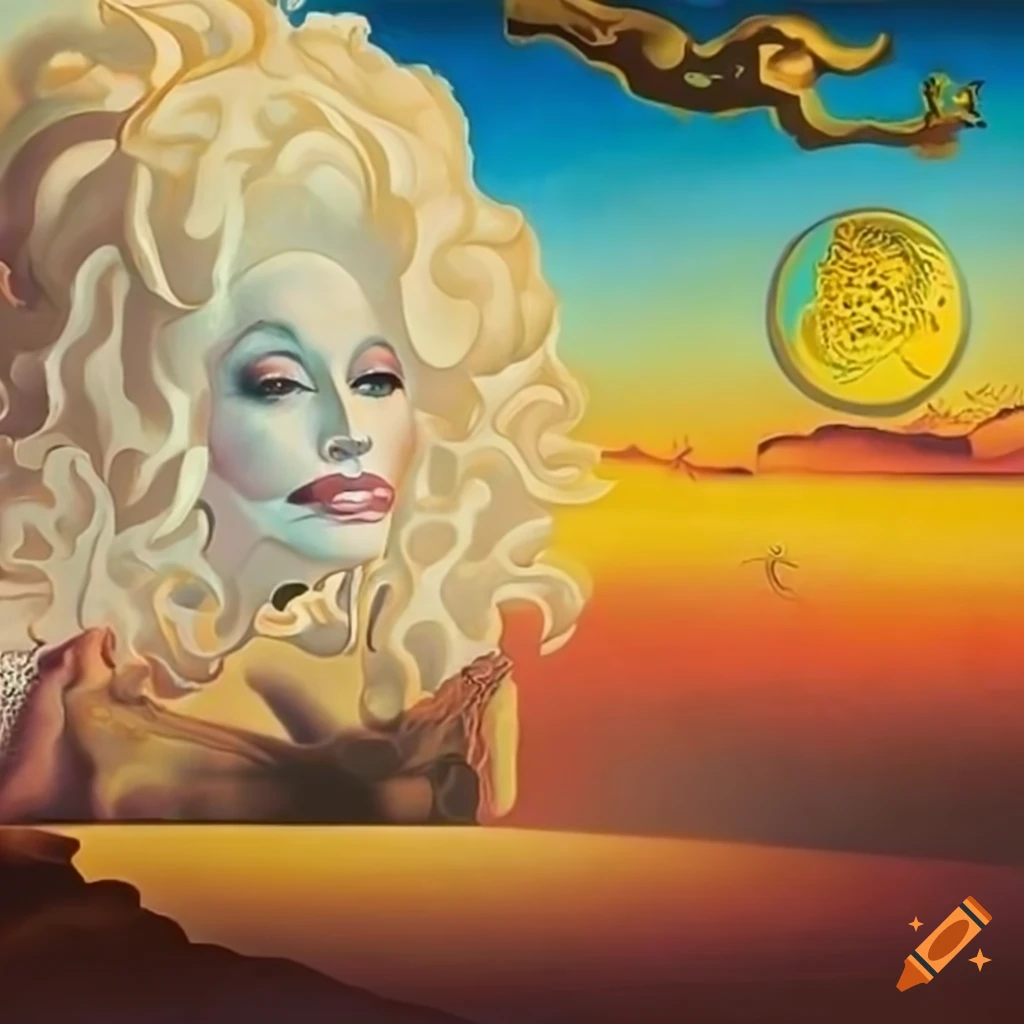 Dolly parton in a surrealist landscape, in the style of salvador dali