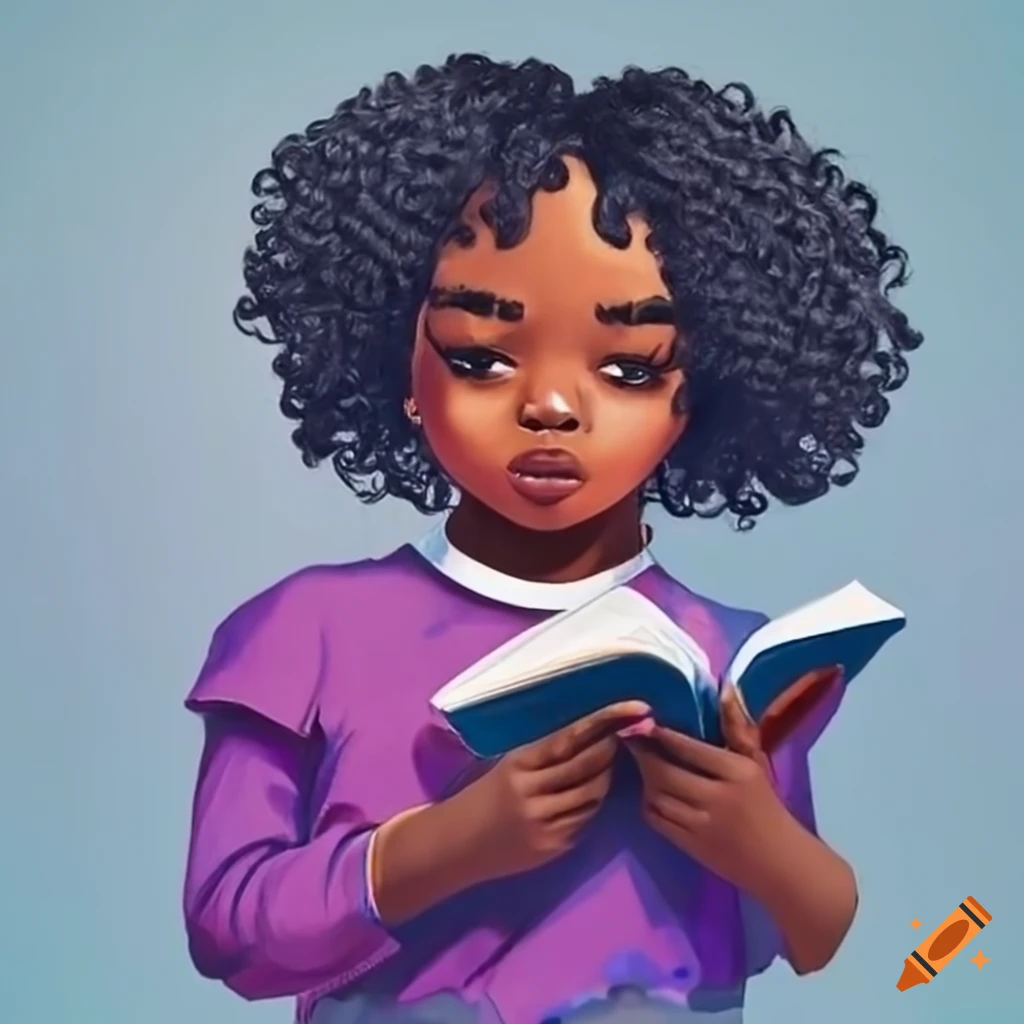A black girl with a 4c hair type, reading a book