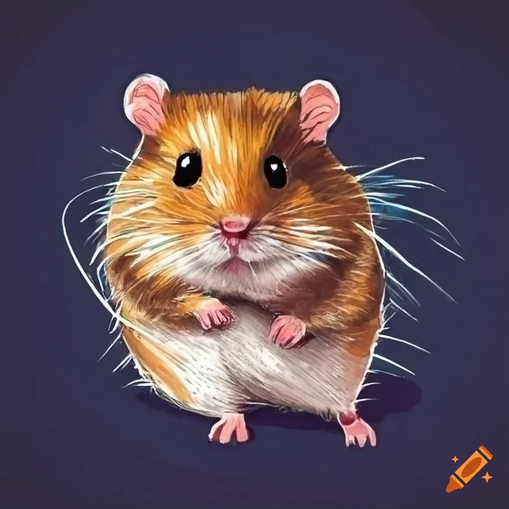 Hamster running in wheel, detailed coloured pencil