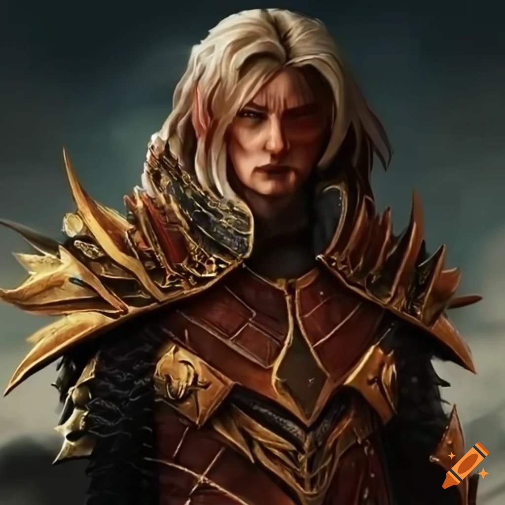 Elric of Melnibone wearing majestic dragon scale armor on Craiyon