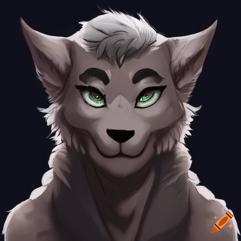 Alpha, humanoid, furry, grey, green eyes, buff on Craiyon