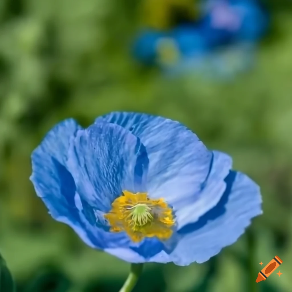 Macro close-up blue poppy, with sun dappled petals on Craiyon