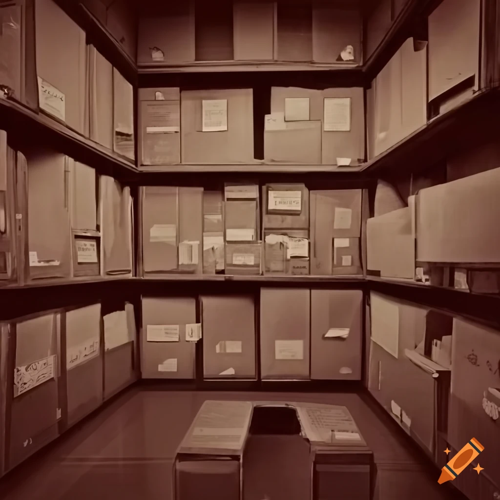 Museum store room full of boxes in sepia
