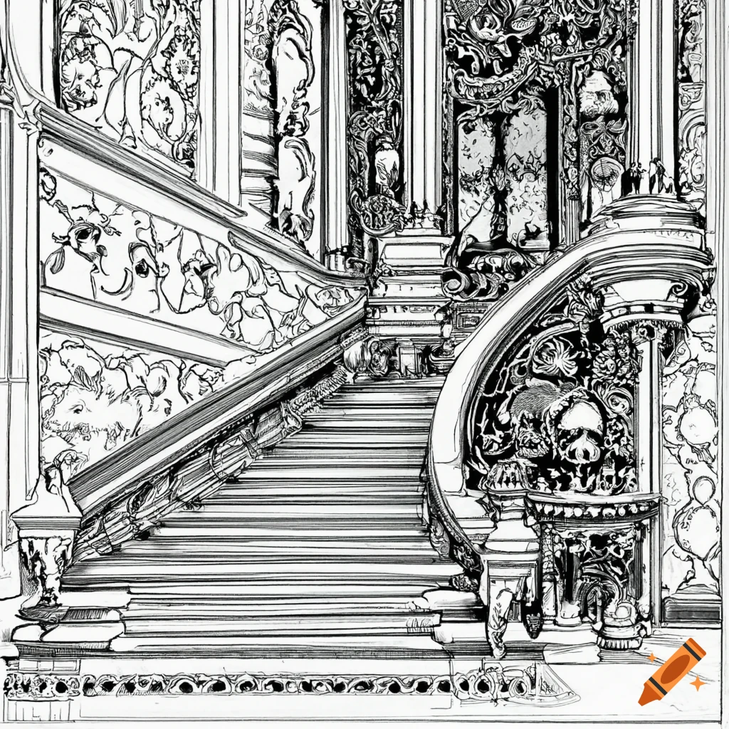 Intricate pen drawing of a Victorian-era foyer, with a grand staircase ...