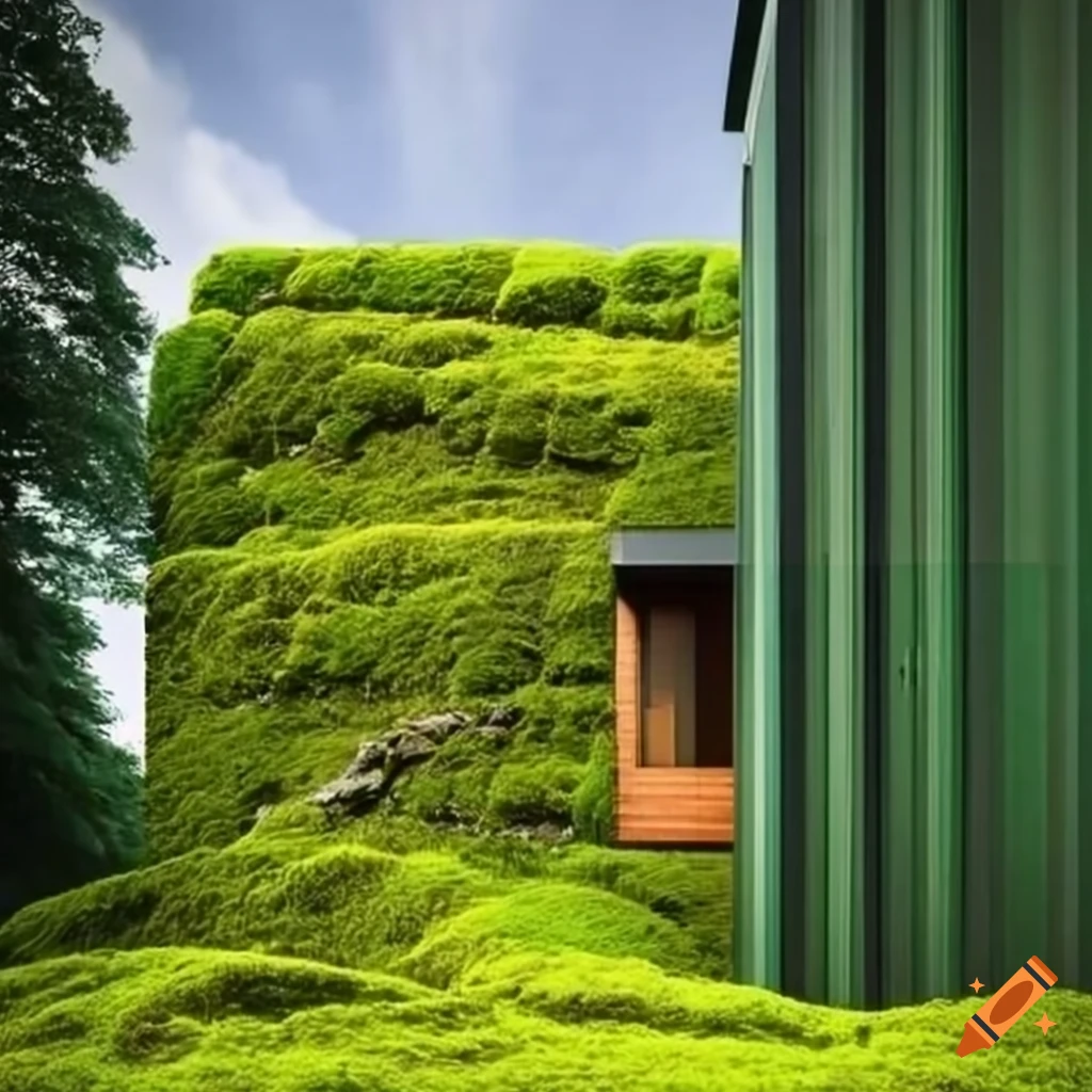 Modern house with vibrant green moss covering the exterior on Craiyon