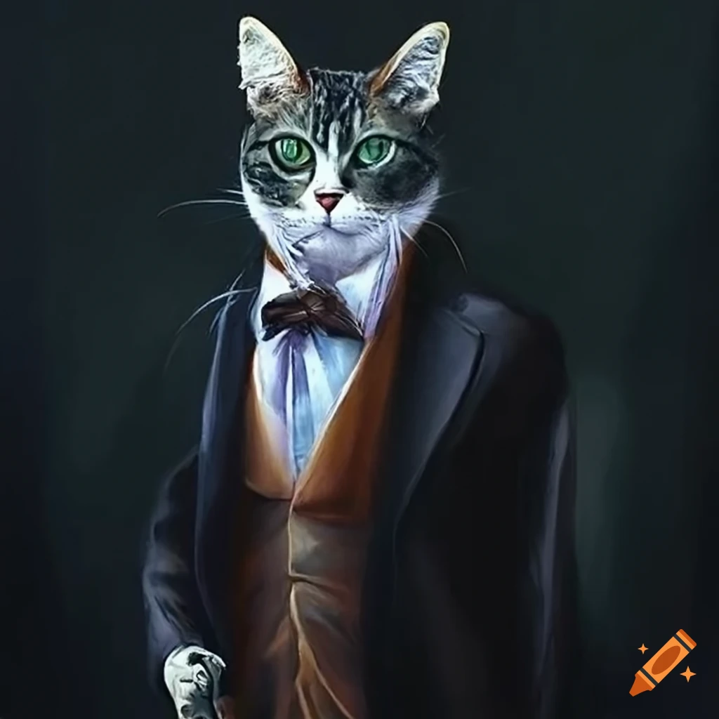 Weird handsome cat in Stuart Hughes suit painting on Craiyon