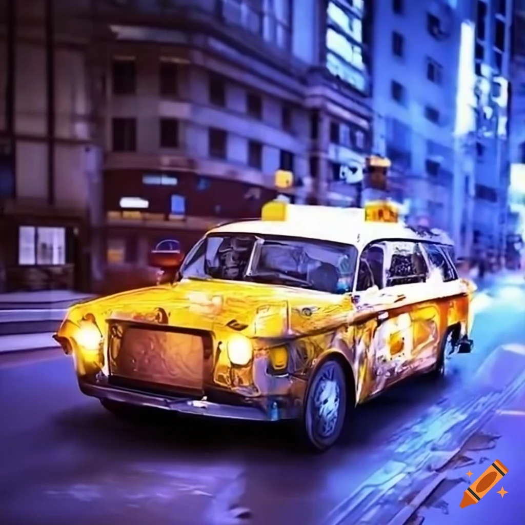An innovative newspaper-themed taxi driving through the busy city