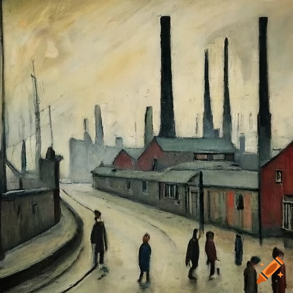 1960's industrial scene in, lots of detail, style of ls lowry & inki ...